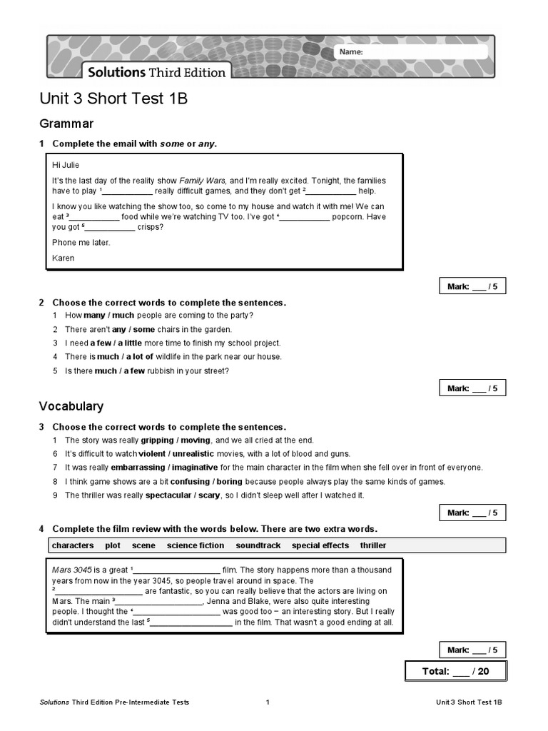Unit 3 Short Test 1B: Grammar | PDF