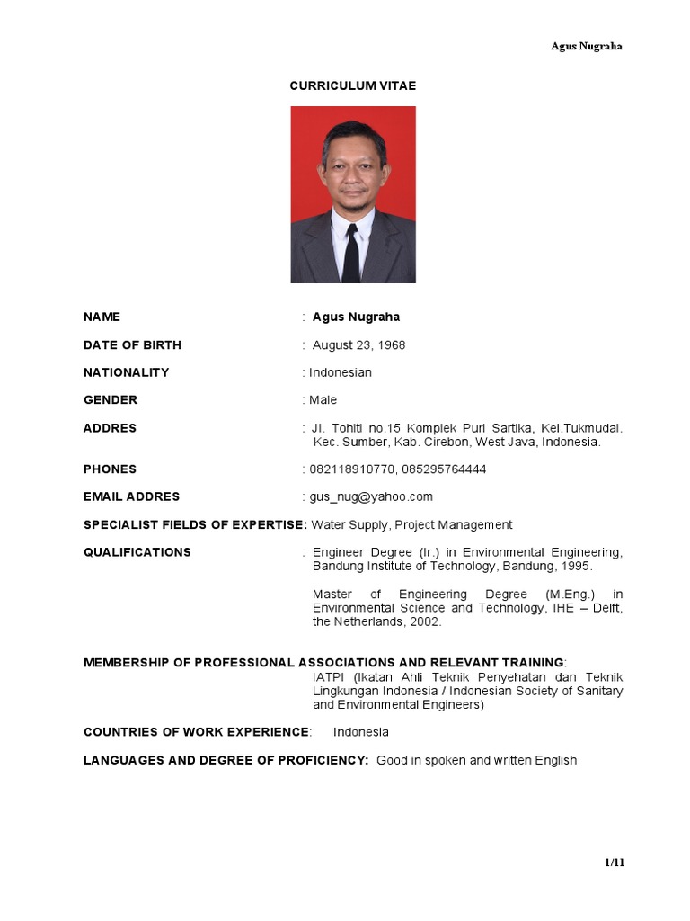 CV-Agus Nugraha (11.01.2021) | PDF | Engineering Design Process | Water Supply