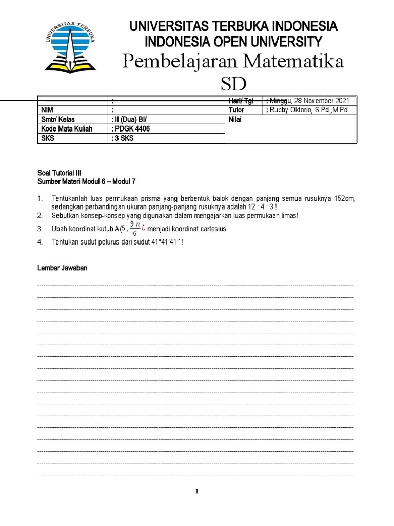 Soal Tutorial Matematika SD 2021 | PDF