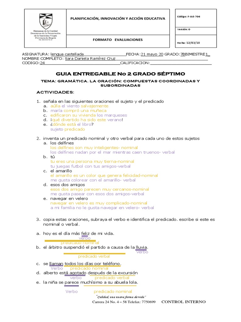 Gramática: Oraciones y Actividades 7° | PDF | Predicado (Gramática) | Verbo