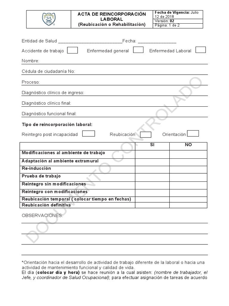 Acta de Reubicacion | PDF | Enfermedades y trastornos | Cuidado de la salud