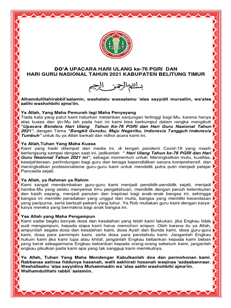 2021 Doa Hut Ke76 Pgri | PDF | Kajian Bahasa Asing | Agama & Spiritualitas
