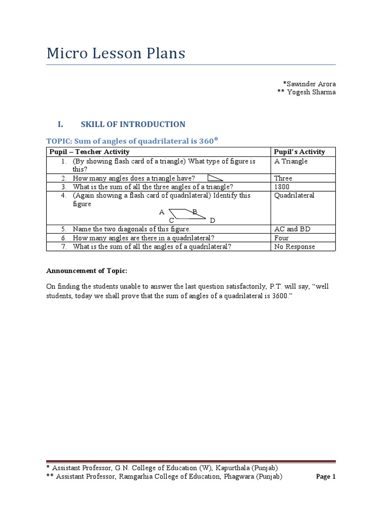 Micro Lesson Plans: I. Skill of Introduction | PDF | Triangle | Geometry