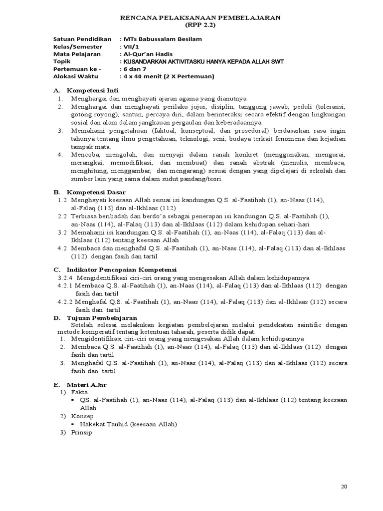 RPP Qurdis Kls 7 No 2.2 | PDF