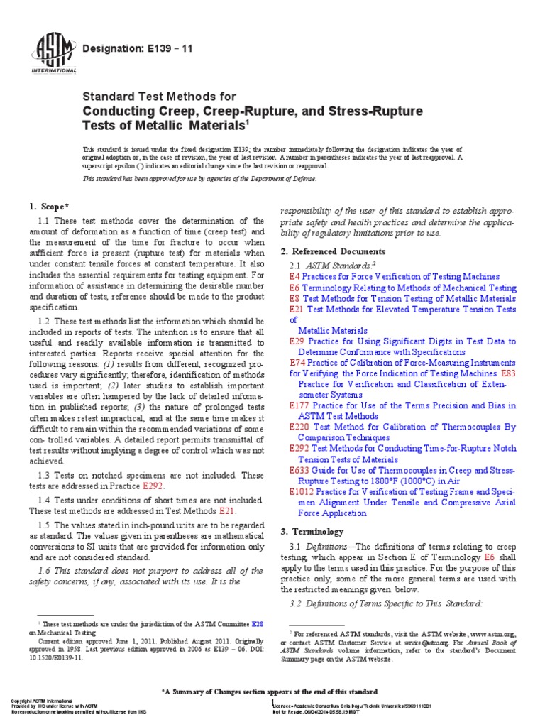 Astm e 139 Conducting Creep Creep Rupture and Stress Rupture Tests of ...