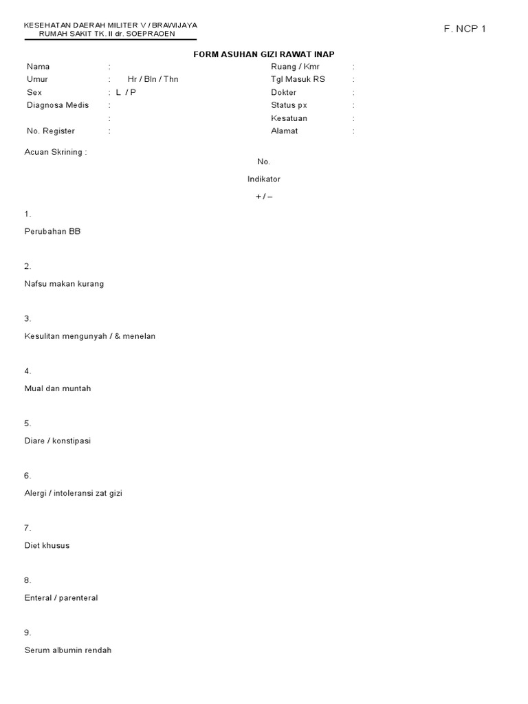 Form Asuhan Gizi Rawat Inap: F. NCP 1 | PDF | Kesehatan Holistik