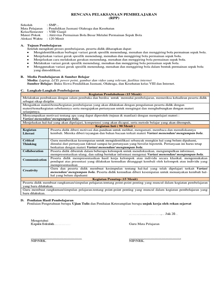 Rencana Pelaksanaan Pembelajaran (RPP) : Variasi Menendan/ Mengumpan ...