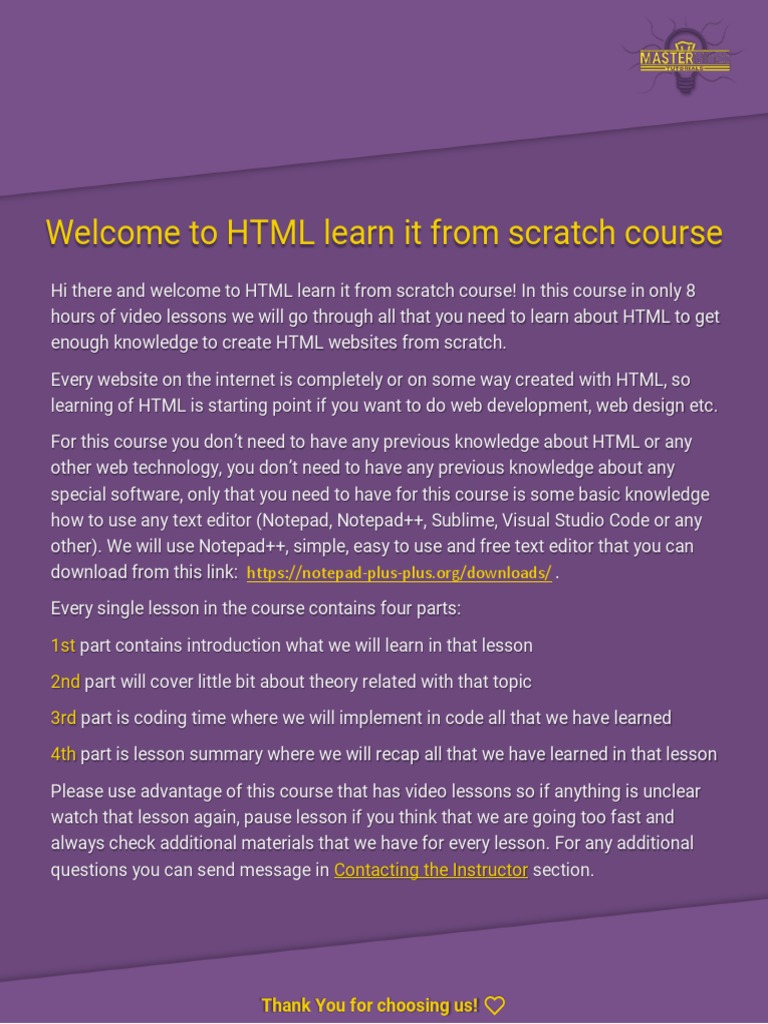 Welcome To HTML Learn It From Scratch Course: Thank You For Choosing Us ...