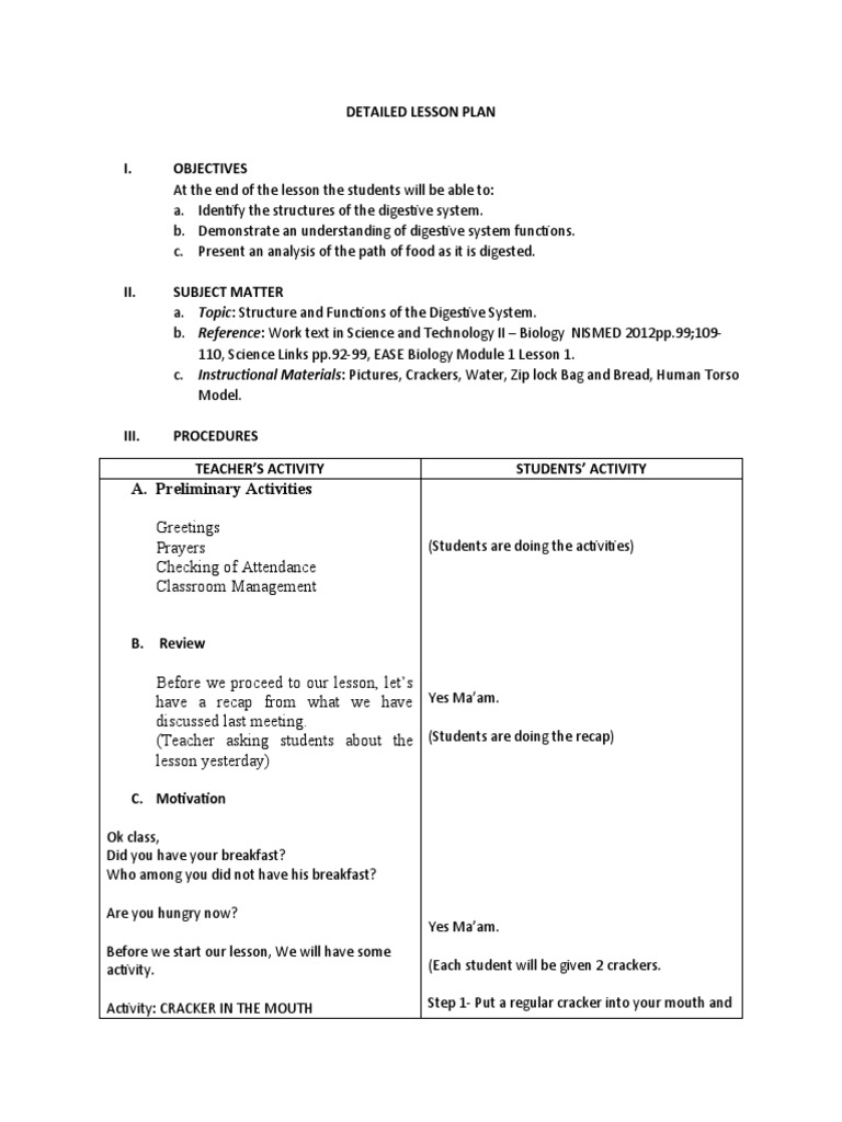 Detailed Lesson Plan | PDF | Digestion | Stomach