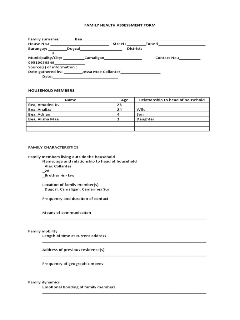 Family Health Assessment Form | PDF | Sanitation | Health Sciences