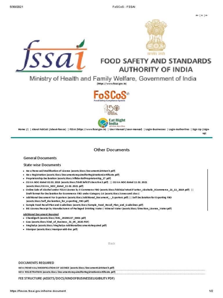 FoSCoS - FSSAI For Address | PDF
