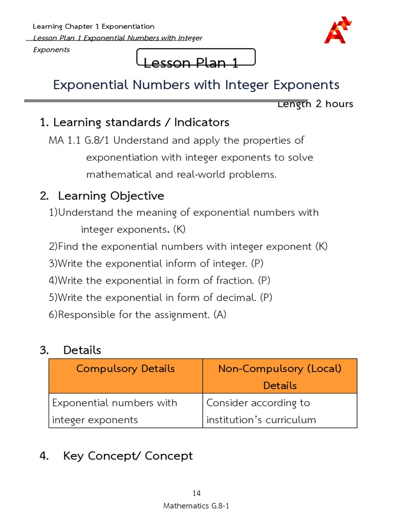 Lesson Plan 1: Exponential Numbers With Integer Exponents | PDF ...