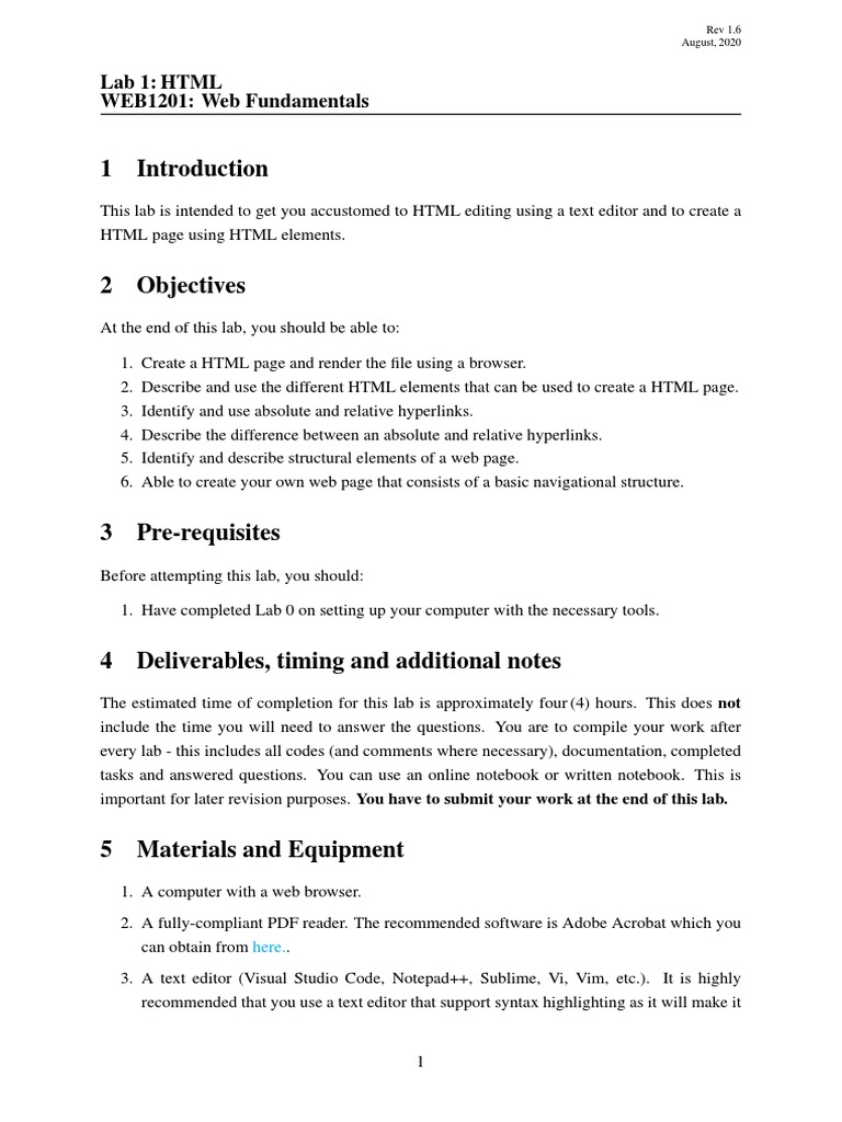 Web1201 Lab1 HTML | PDF | Html Element | Hyperlink