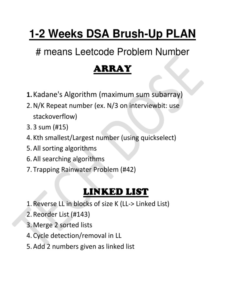 1-2 Weeks DSA Brush-Up PLAN: # Means Leetcode Problem Number Array | PDF