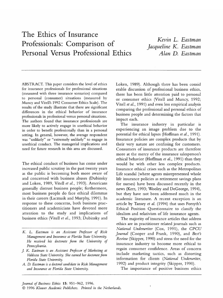 The Ethics of Insurance Professionals: Comparison of Personal Versus ...
