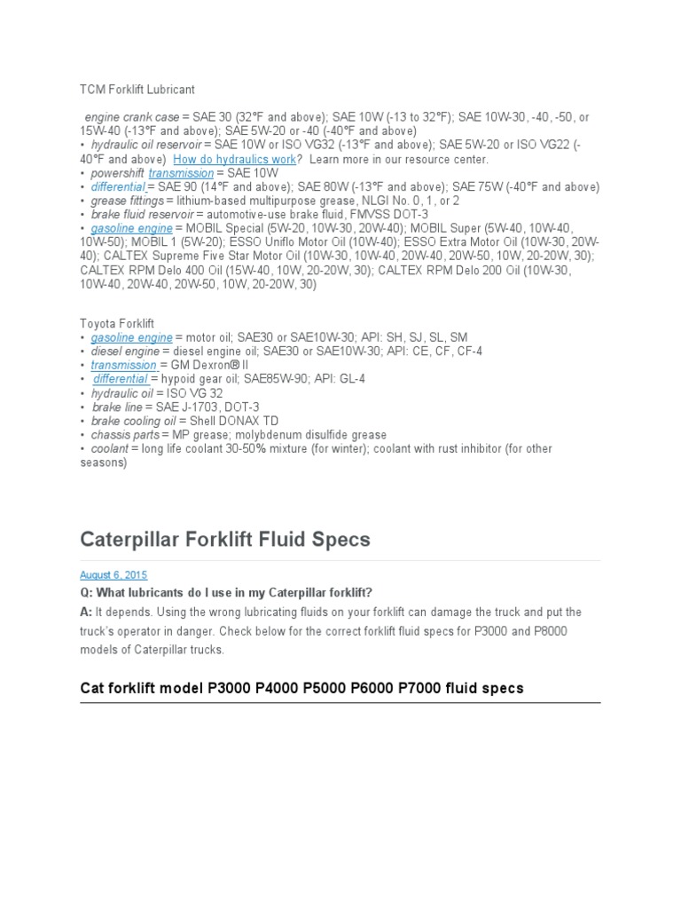 Caterpillar Forklift Fluid Specs | PDF | Motor Oil | Mechanical Engineering