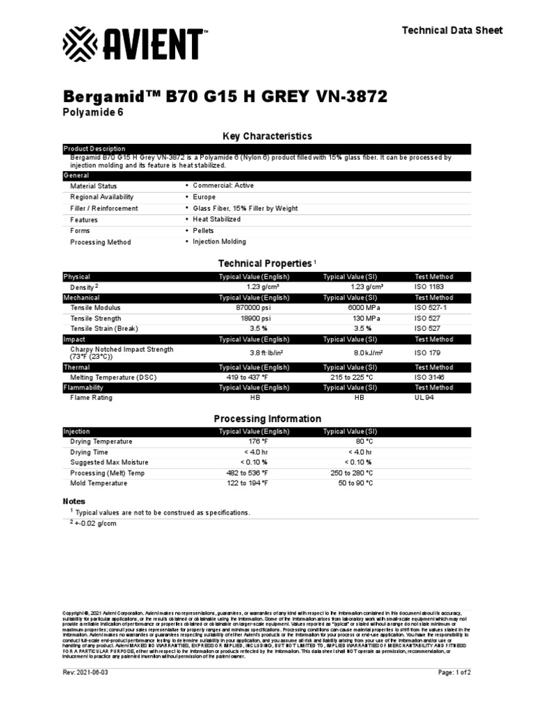 Pa6 GF15 - Avient Bergamid B70 G15 | PDF | Strength Of Materials | Fibers