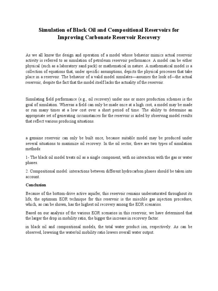 Simulation of Black Oil and Compositional Reservoirs For Improving ...