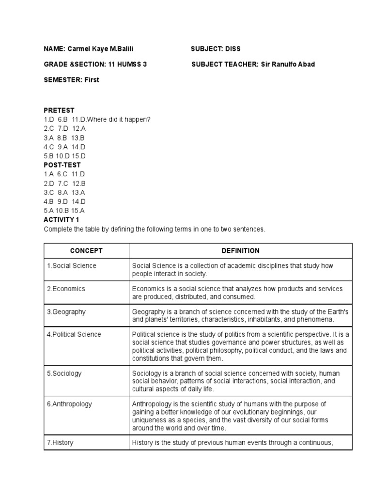 Name: Carmel Kaye M.Balili Subject: Diss Grade §ion: 11 Humss 3 Subject ...