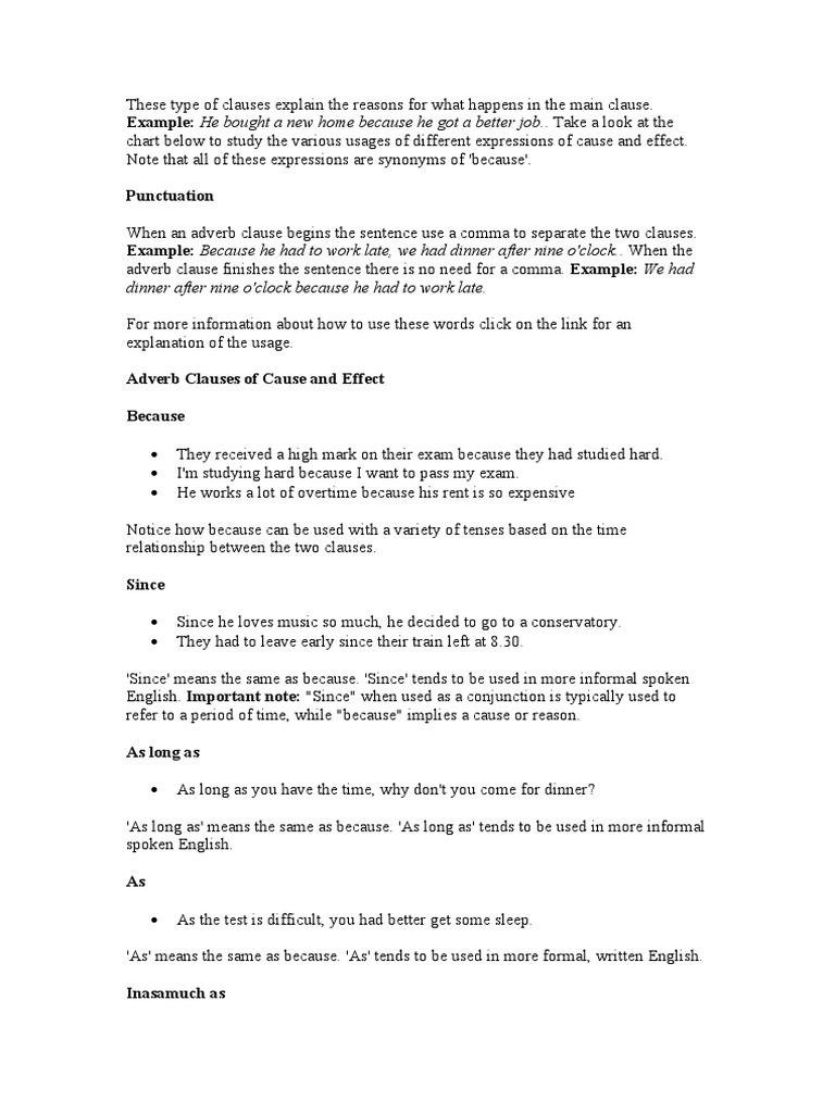 Adverb Clauses of Cause and Effect | PDF | Comma | Sentence (Linguistics)