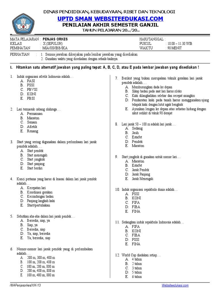 Soal Pas Pjok Kelas X K13 | PDF