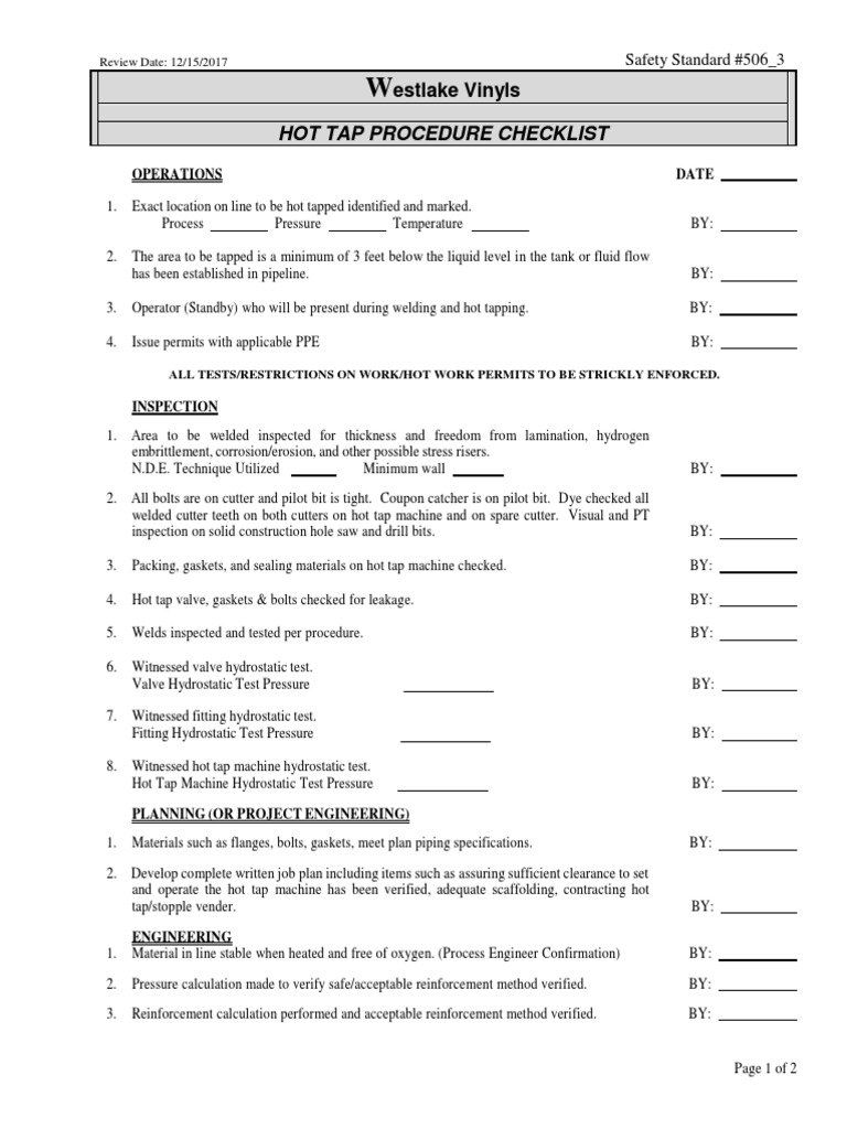 Hot Tap Procedure Checklist: Estlake Vinyls | PDF | Tap (Valve) | Valve