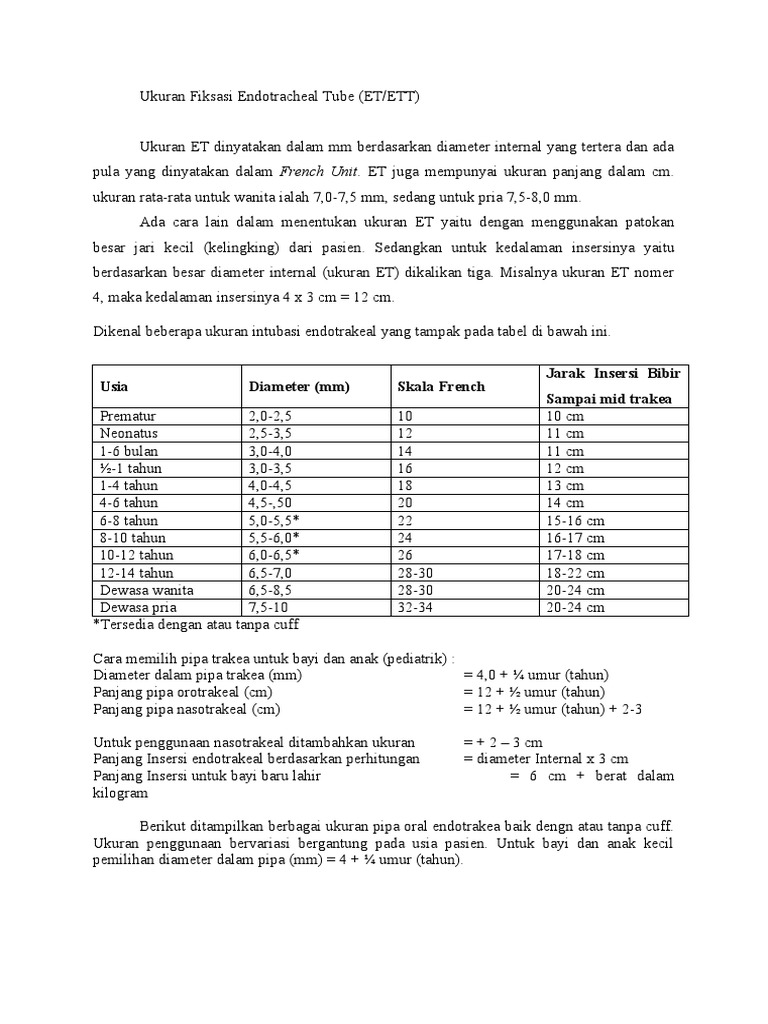 Ukuran Fiksasi Endotracheal Tube | PDF