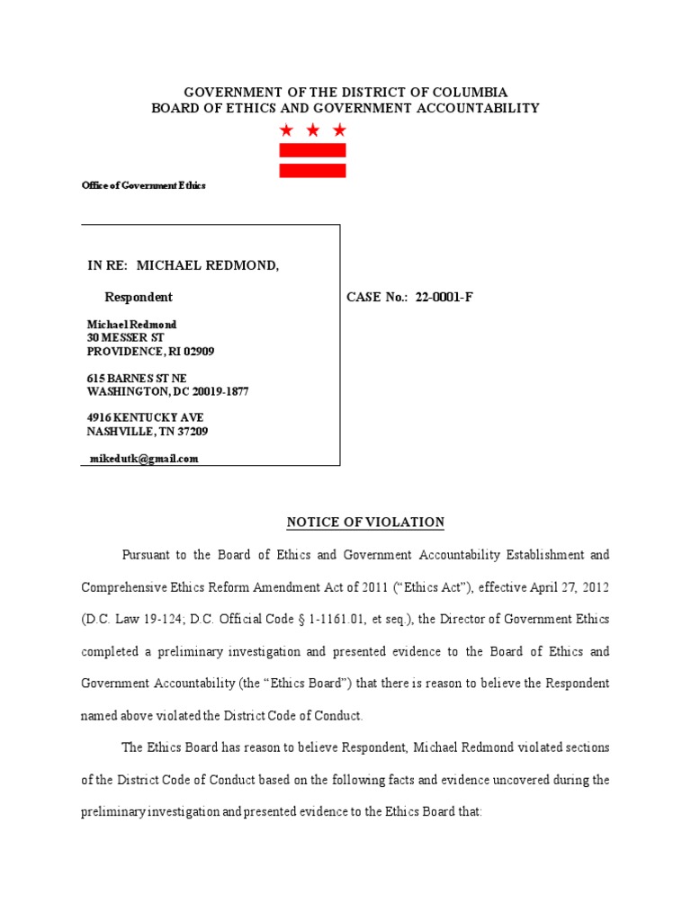 Ethics Violation Notice: Michael Redmond | PDF | Employment | Justice