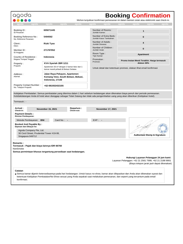 Confirmation For Booking ID # 605071445 | PDF