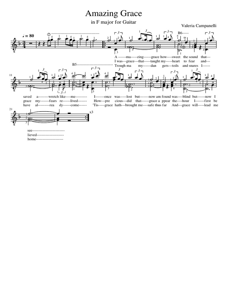 Amazing Grace: in F Major For Guitar | PDF