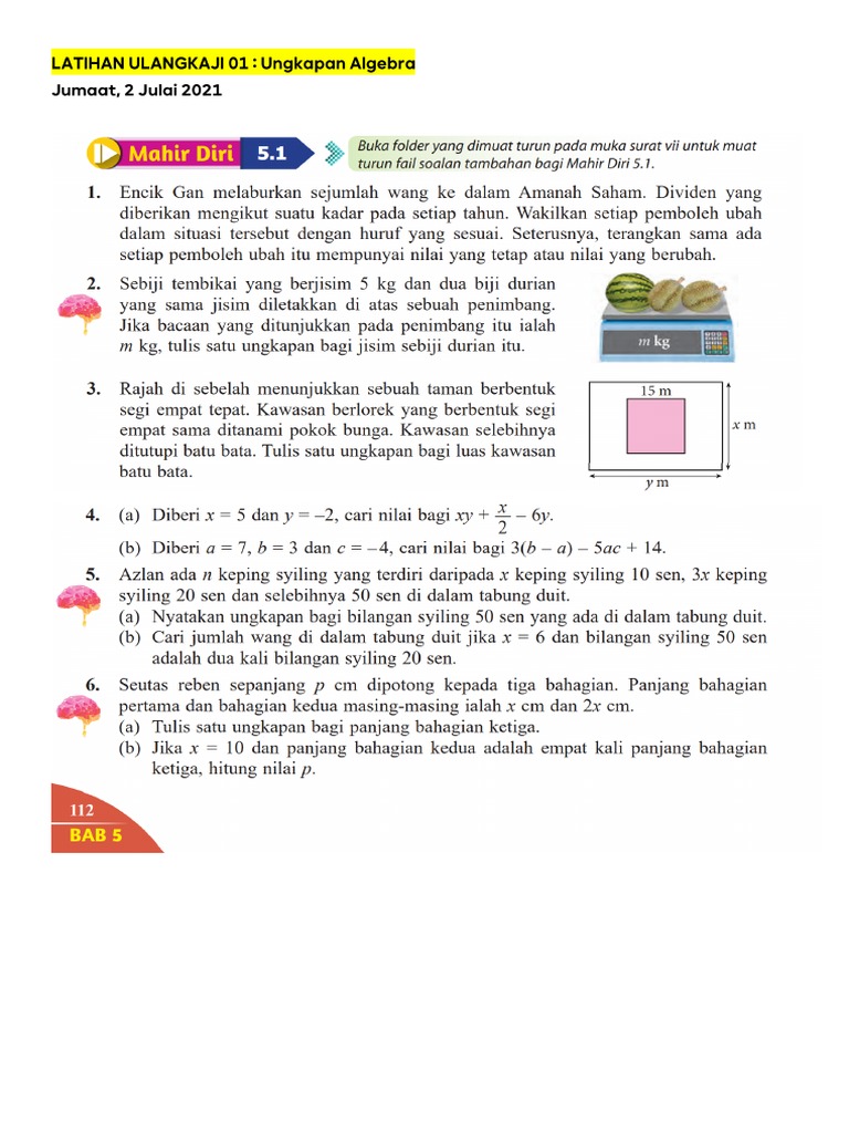 Latihan Ulangkaji 01 - Ungkapan Algebra | PDF