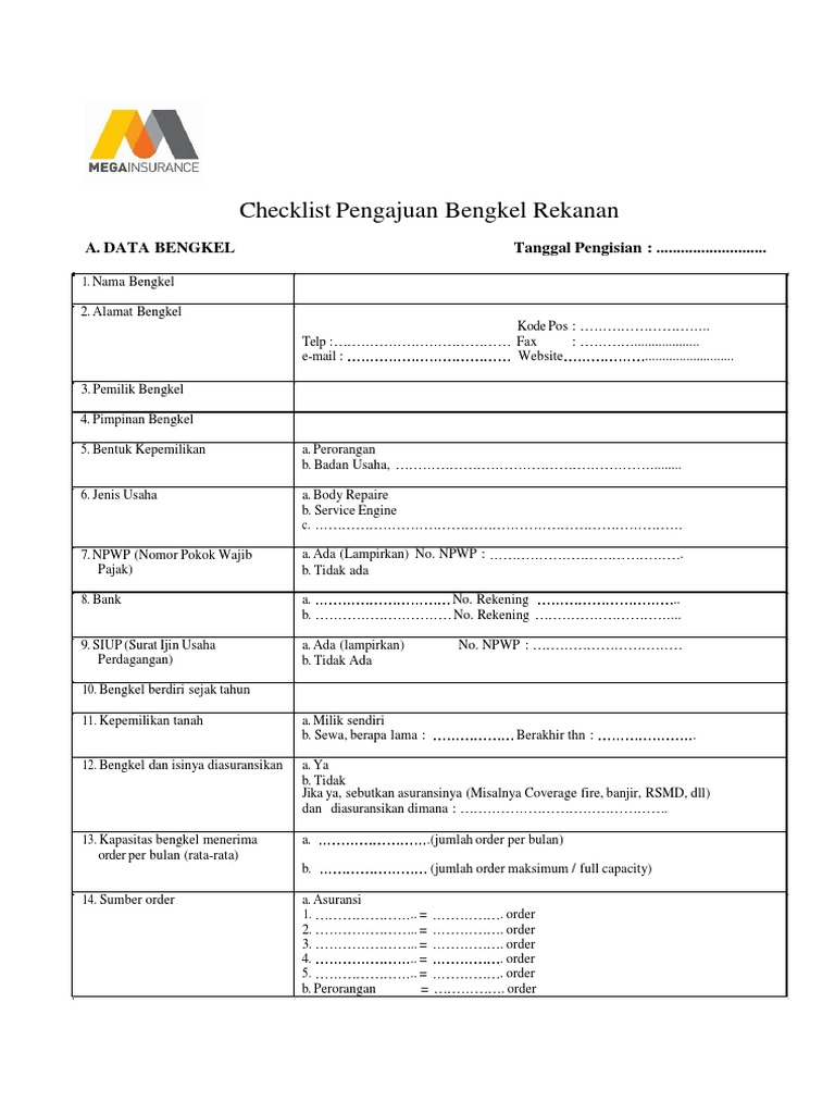 Form Checklist Pengajuan Bengkel Rekanan | PDF