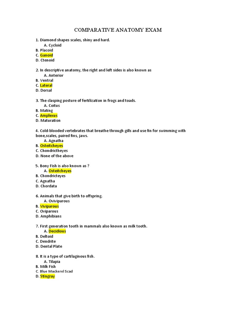 Comparative Anatomy Exam | PDF | Anatomy | Fish