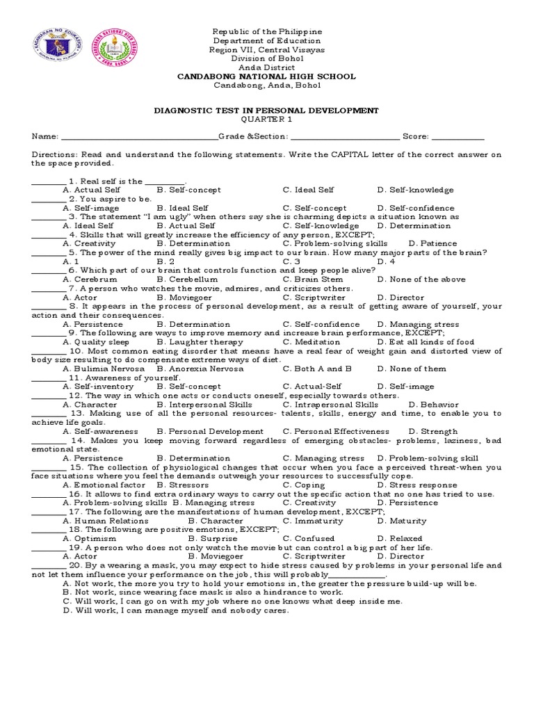 DIAGNOSTIC-TEST-Personal Development Quarter 1 | PDF | Eating Disorder ...