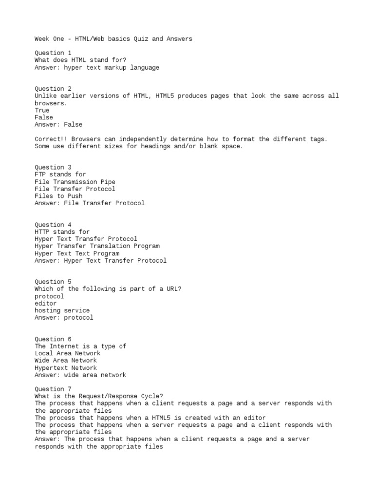 Introduction To HTML5 Quiz Answers | PDF | Html | Html Element
