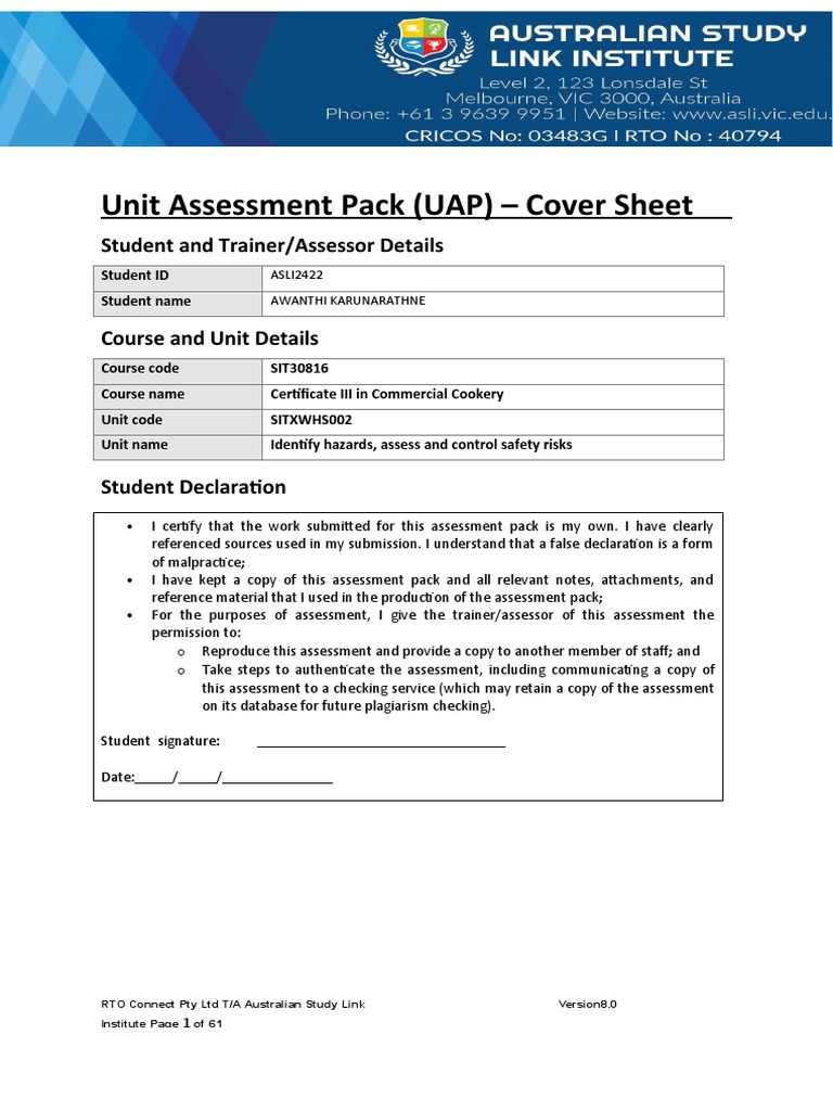 Unit Assessment Pack (UAP) - Cover Sheet: Student and Trainer/Assessor ...