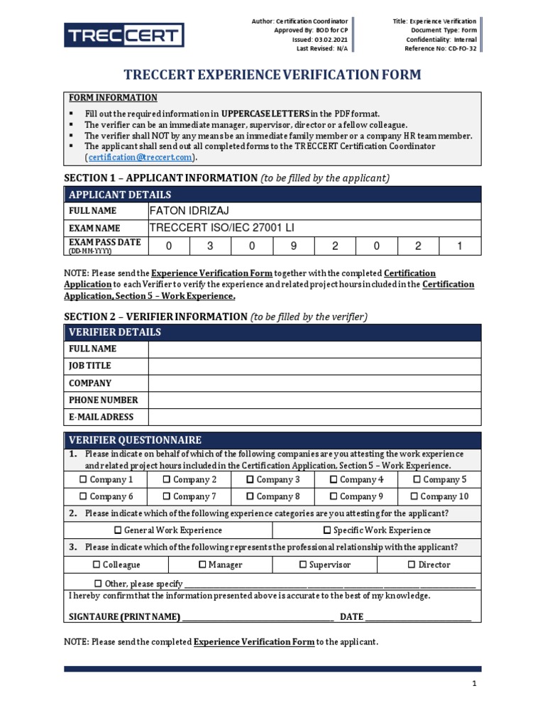 CD FO 32 Experience Verification Form V1.0 | PDF | Computing