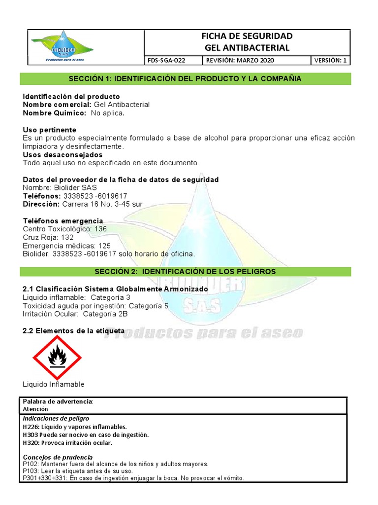 Fds-Sga Gel Antibacterial 1 | PDF | Agua | Residuos