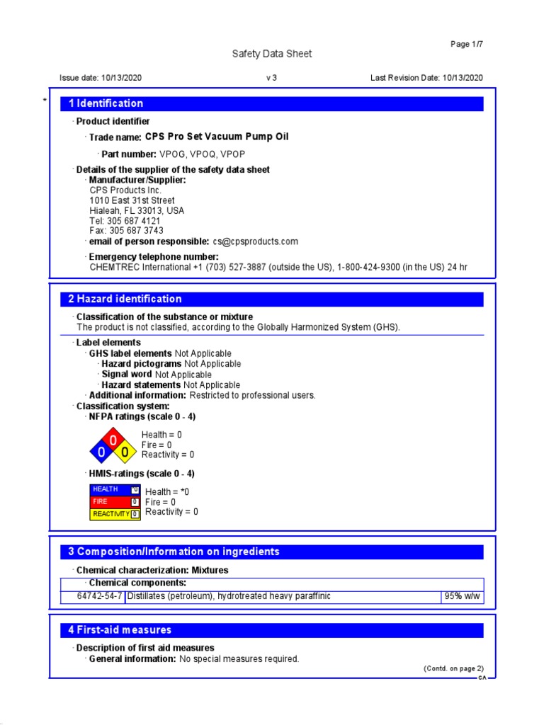 CPS Pro Set Vacuum Pump Oil SDS | PDF | Chemistry | Occupational Safety ...