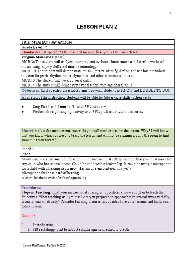 Lesson Plan 2: Title: MYAHAS - Jay Althouse Grade Level: 7 Virginia ...