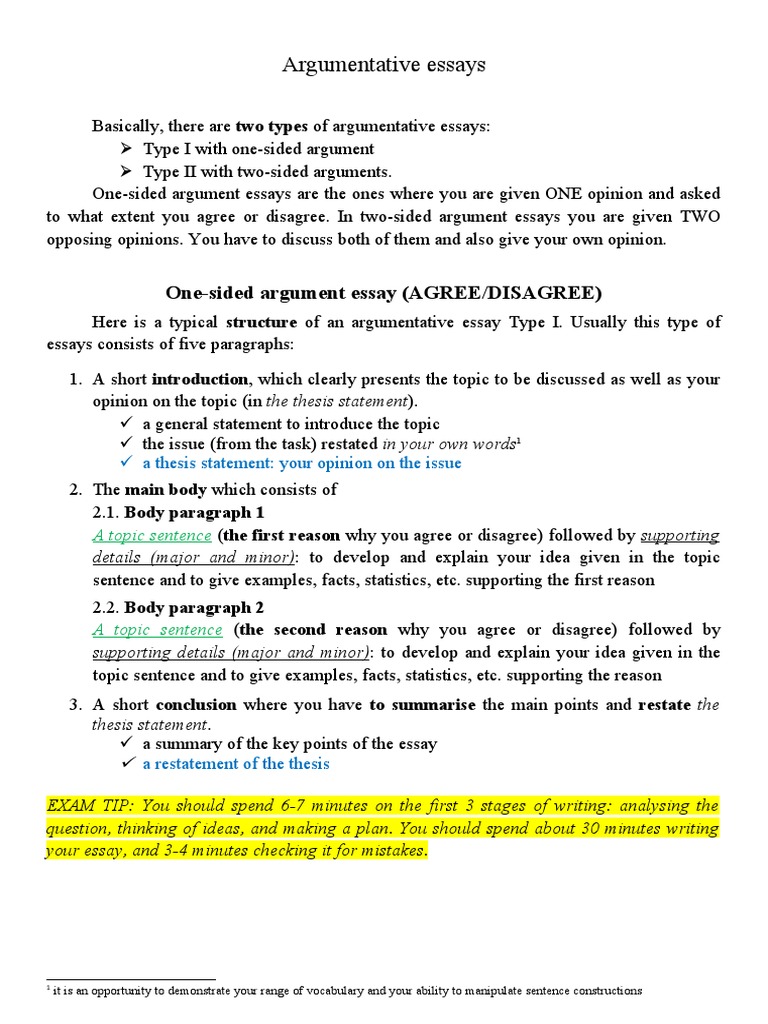 Argumentative Essays: One-Sided Argument Essay (AGREE/DISAGREE) | PDF ...