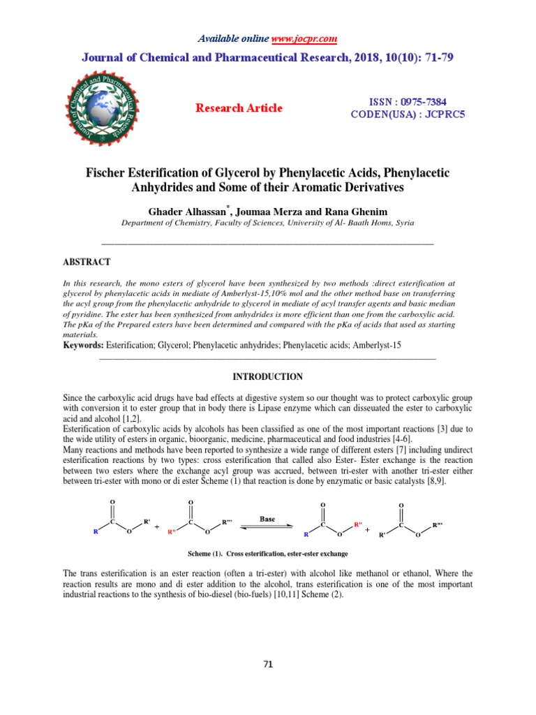 Fischer Esterification of Glycerol by Phenylacetic Acids Phenylacetic ...