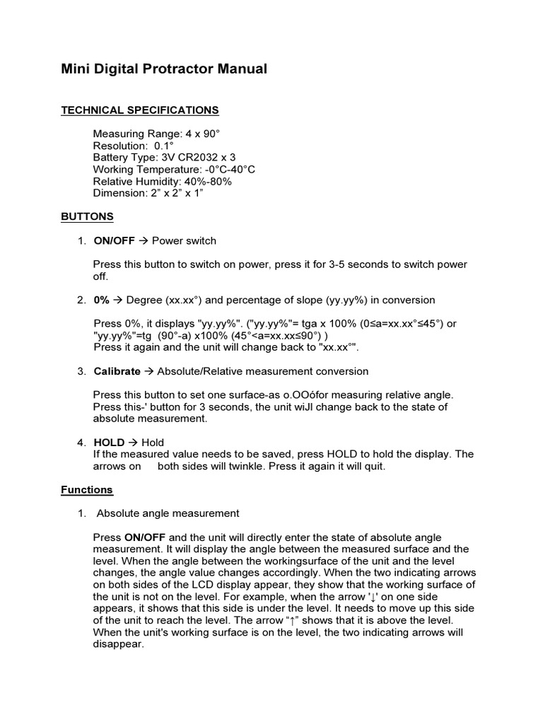 Mini Digital Protractor Manual | PDF | Angle | Metrology