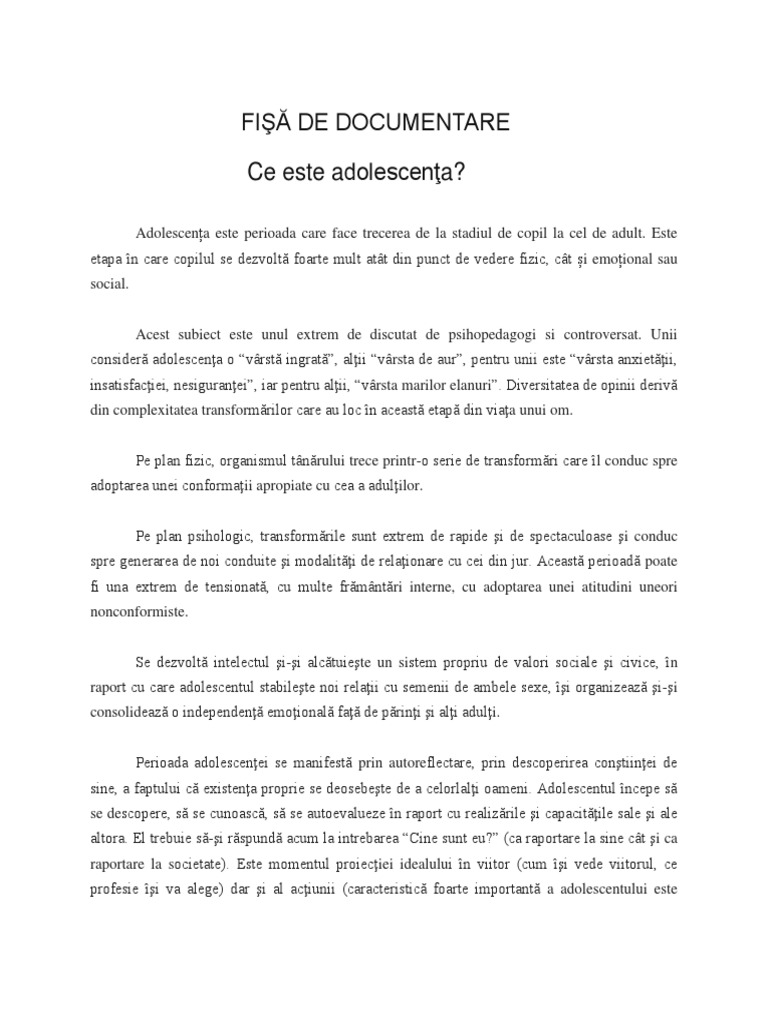 FIŞA DOCUMENTARE-Ce Este Adolescenţa | PDF