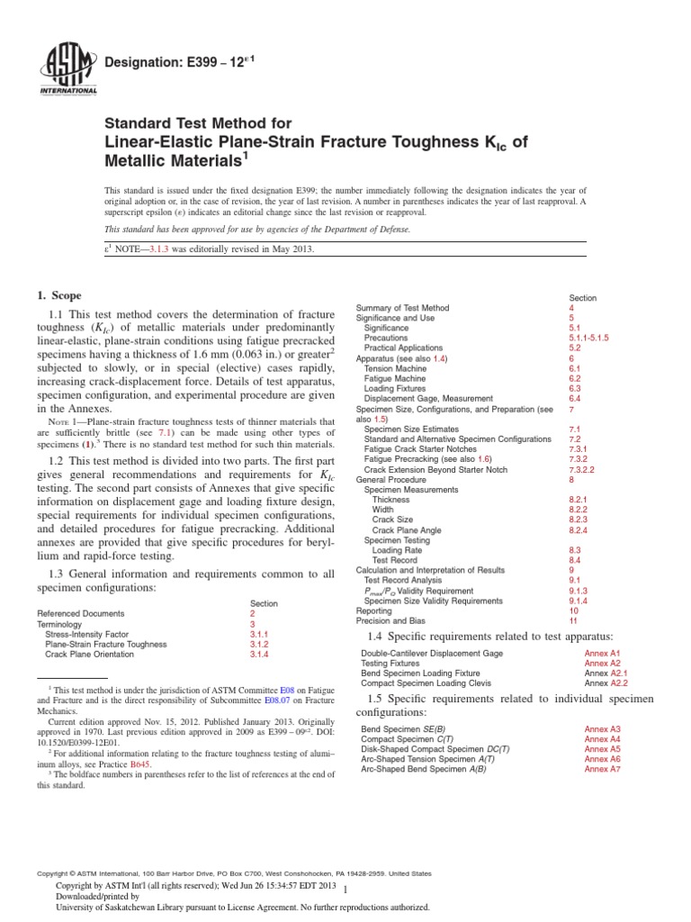 ASTM E399 Standard Practice For Linear-Elastic Plane-Strain Fracture ...