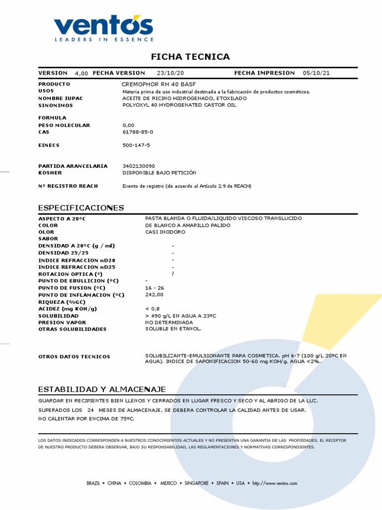 Specs Cremophor RH 40 Basf | PDF | Química | Sustancias químicas