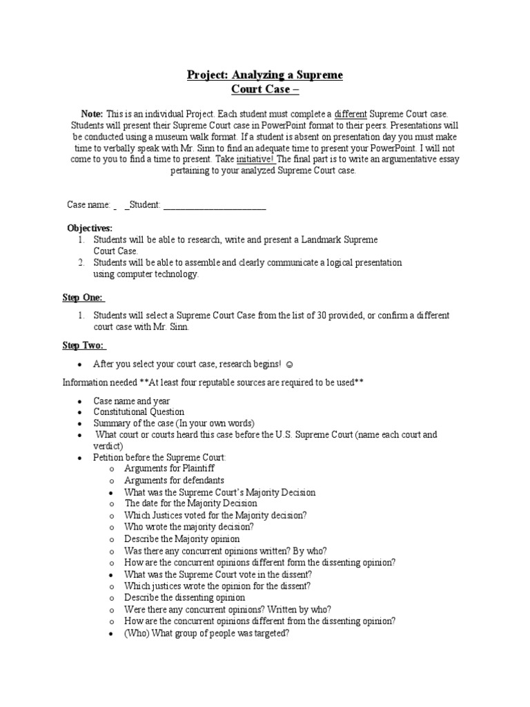 Supreme Court Case Project Rubric | Download Free PDF | Supreme Court ...