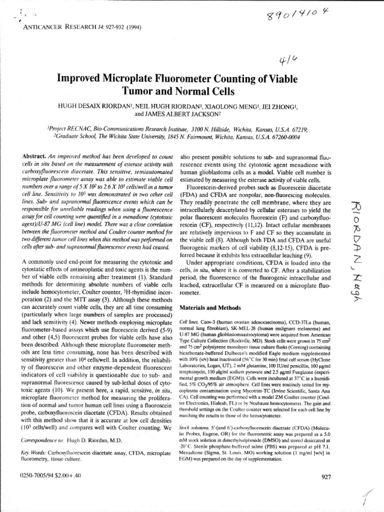 Improved Microplate Fluorometer Counting of Viable Tumor and Normal ...