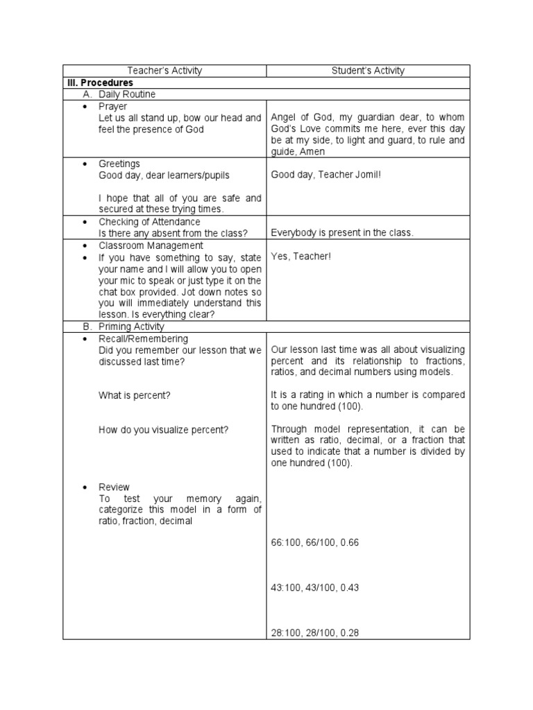 Lesson Plan Procedure Part | PDF | Percentage | Cognition