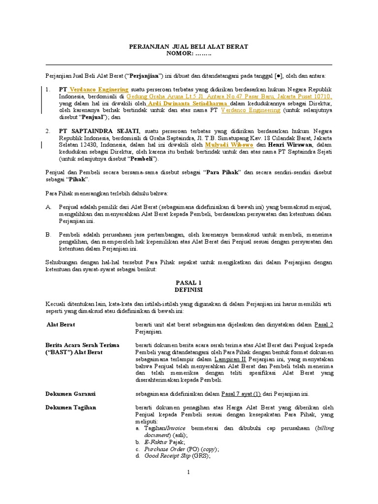 Draft Perjanjian Jual Beli Alat Berat 7 Unit Genset Site ADMO PT ...